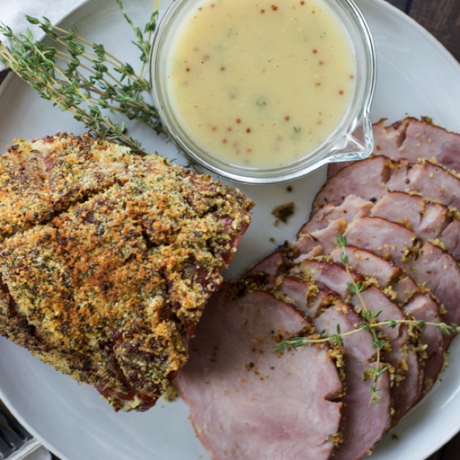 Honey Mustard and Herb Crusted Ham with Riesling Pan Sauce